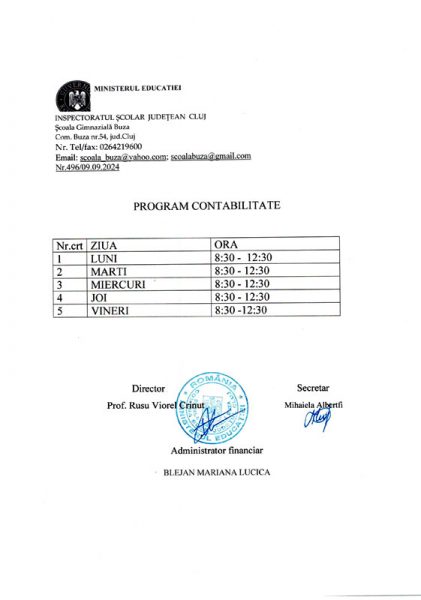 Program Contabilitate | Școala Gimnazială Buza, Cluj